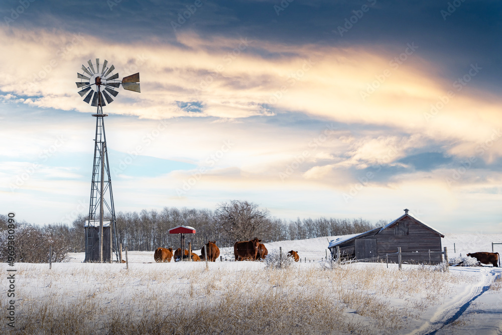 Winter farm scene with old windmill and weathered leaning barn on snow ...