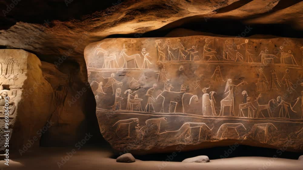 Rock paintings in a cave left by Neanderthals ancient people ...