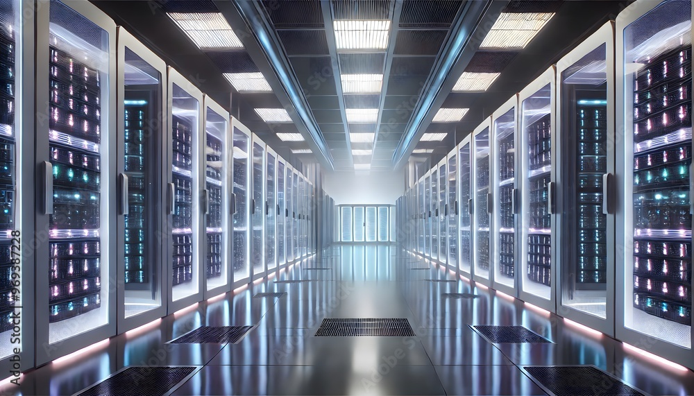 Inside the futuristic design of the data center. Clean, high-tech space ...