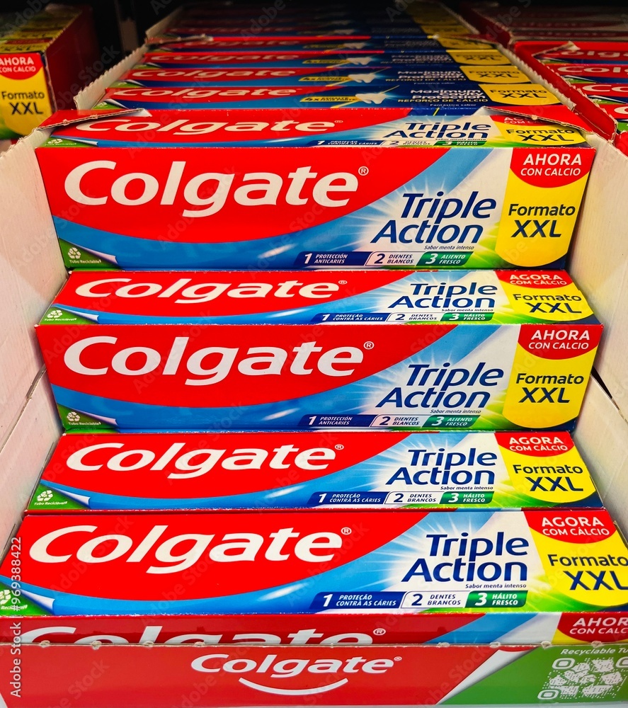 Portugal, Albufeira, September 11. 2024, Shelf full of Colgate ...