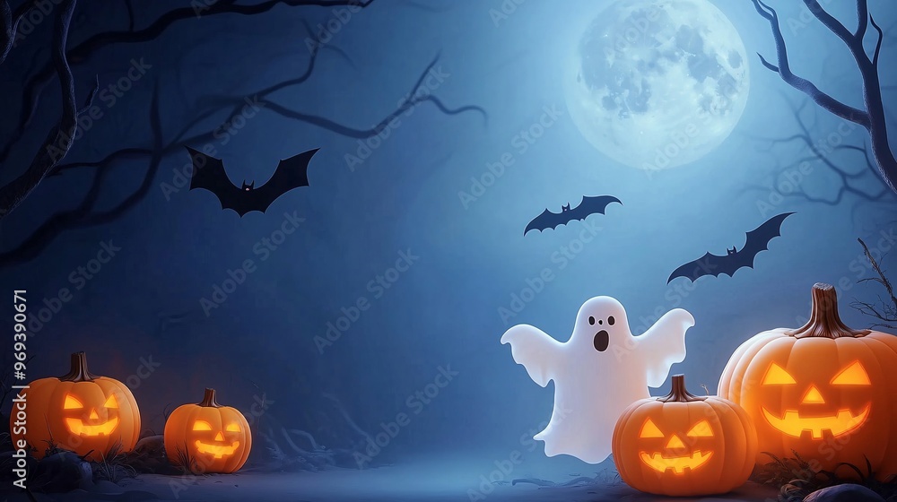 Haunting Halloween scene illuminated jack-o-lanterns light a forest ...