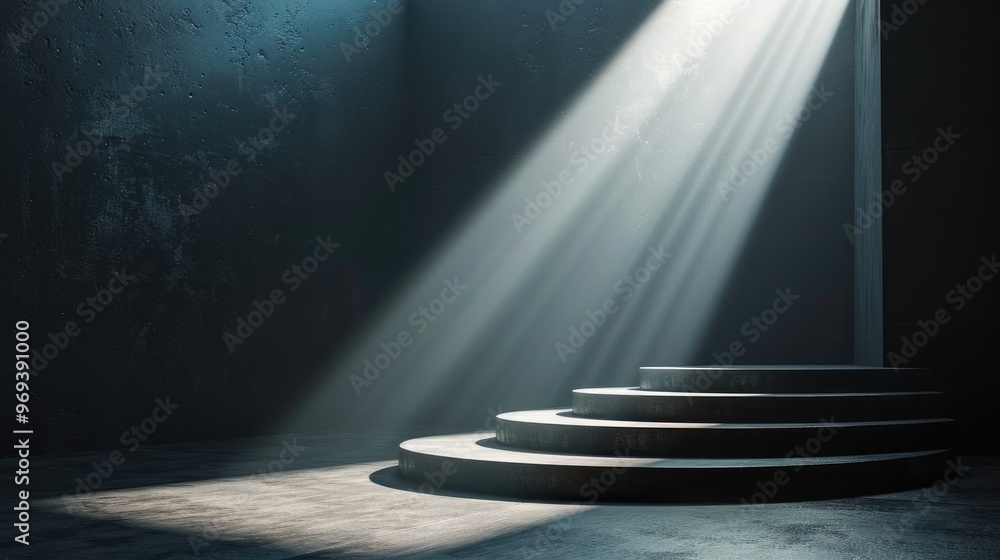 Dramatic and moody interior scene featuring a raised platform or stage ...