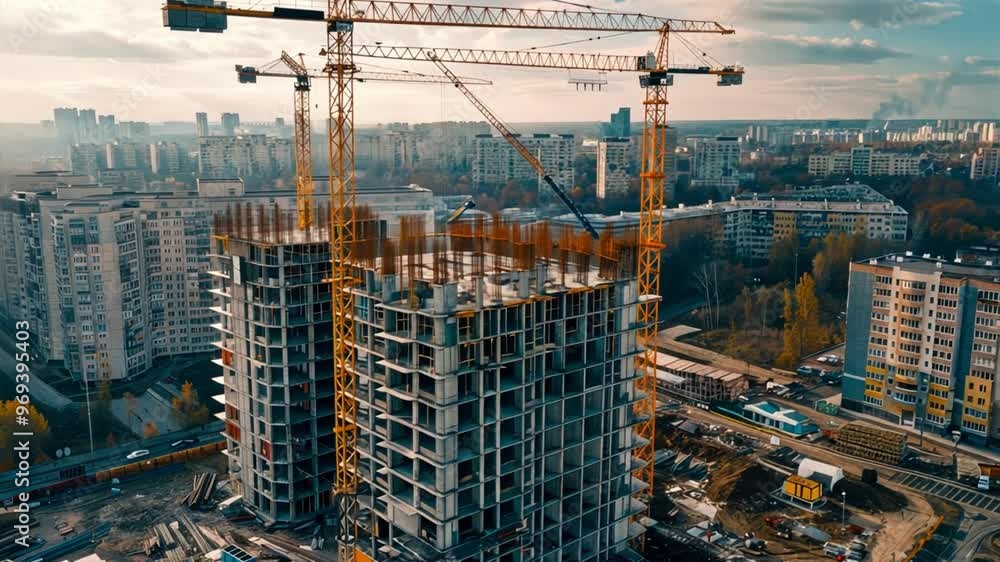 Urban Development: Cranes loom over a bustling cityscape, signifying growth and progress. A ...