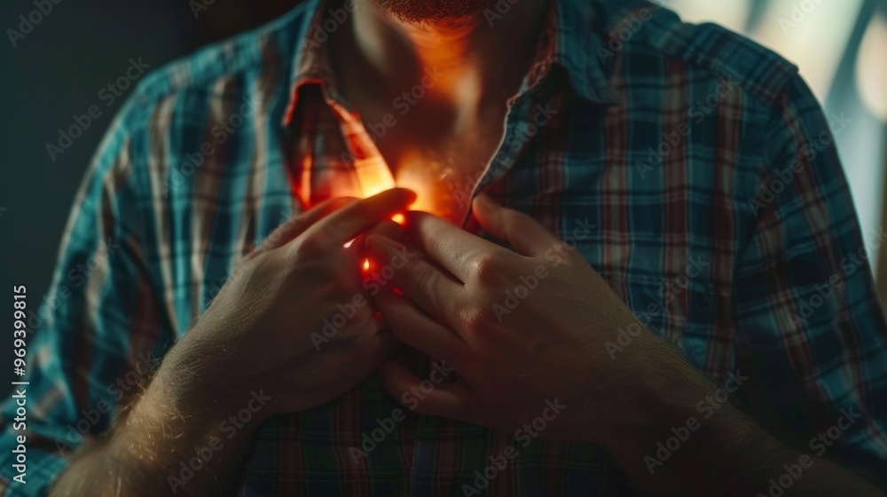 hand hold chest with heart attack symptoms, man have chest pain caused ...