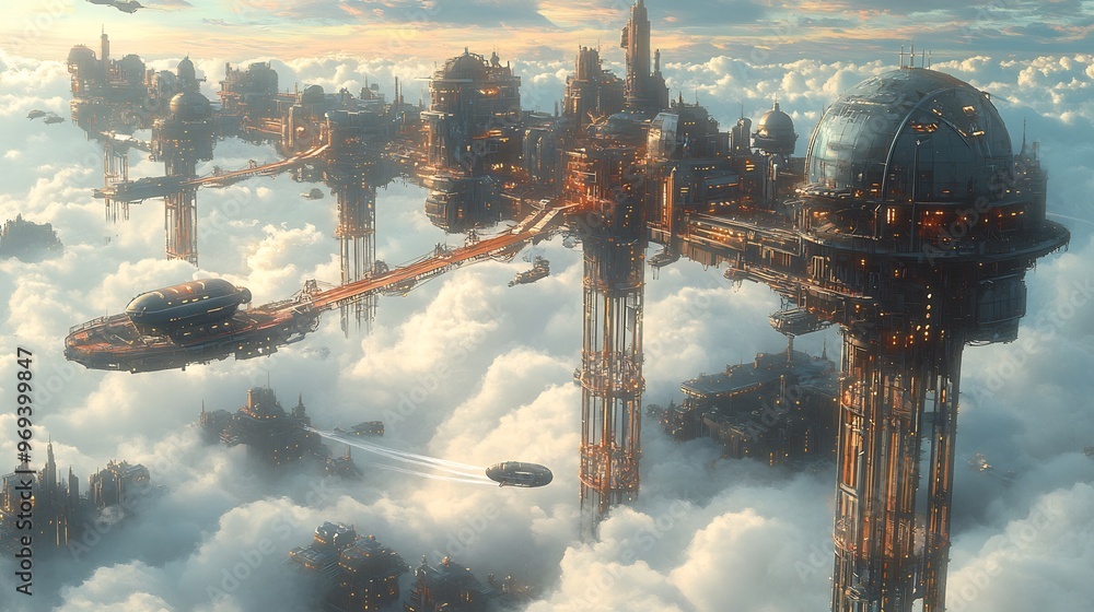 Vector design of a city on stilts above the clouds with futuristic ...