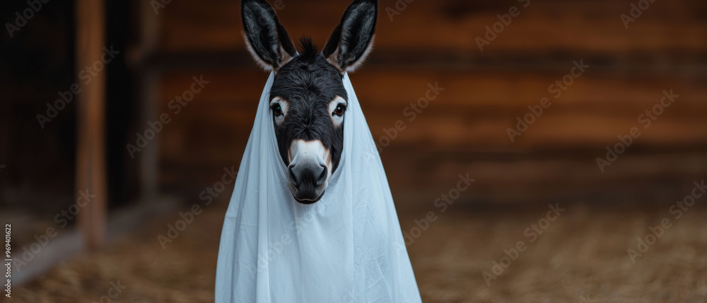 Donkey dressed as a ghost walking through a haunted farm, ghost donkey ...