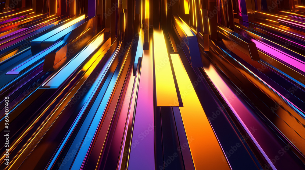 A captivating 3D abstract design with a series of glossy, metallic, and ...