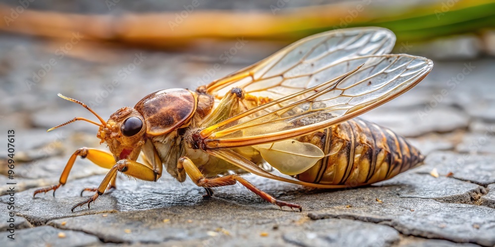 A discarded cicada exoskeleton lies on cracked pavement, its golden ...
