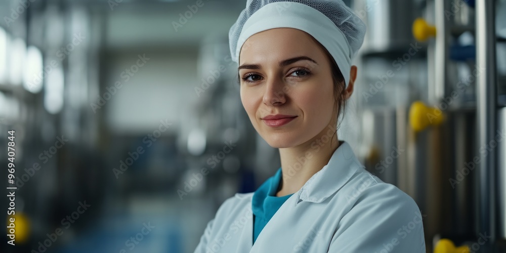 Professional woman in a laboratory setting. She wears a white coat and ...