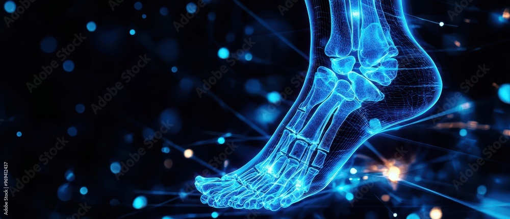 Digital visualization of human foot bones with glowing blue lines and ...