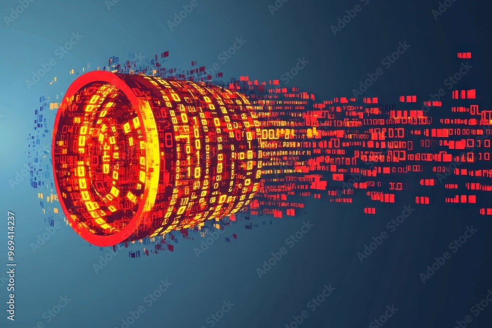 Simplified depictions of binary code being hijacked and funneled into a ...