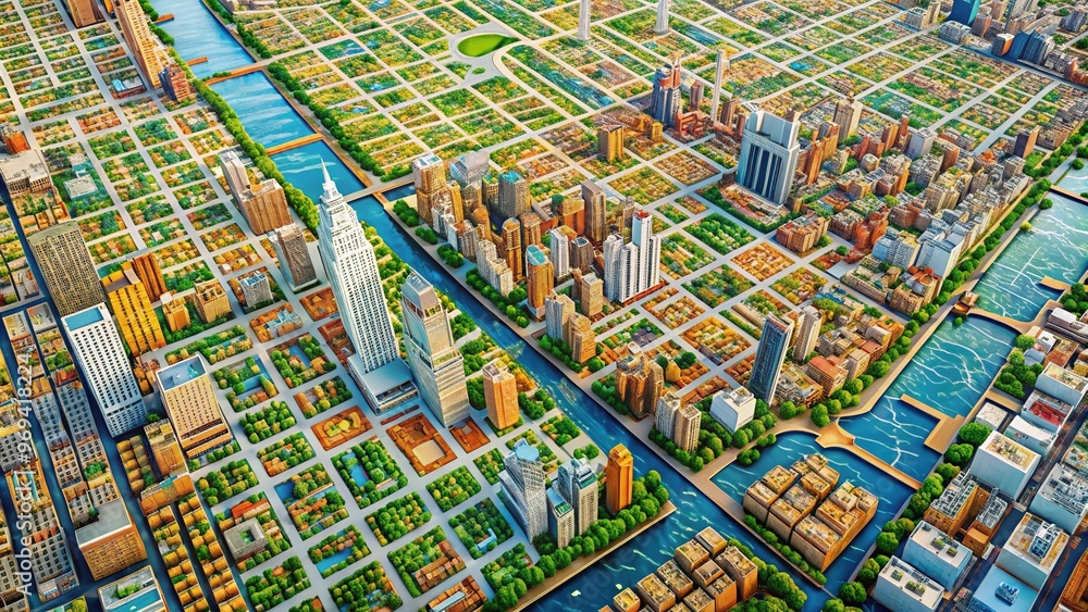 * A high-angle perspective map of Manhattan's iconic neighborhood ...