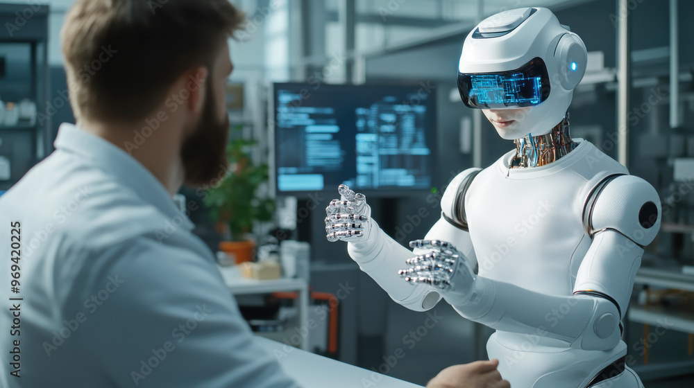 Innovative workspace with a futuristic robot interacting with human ...