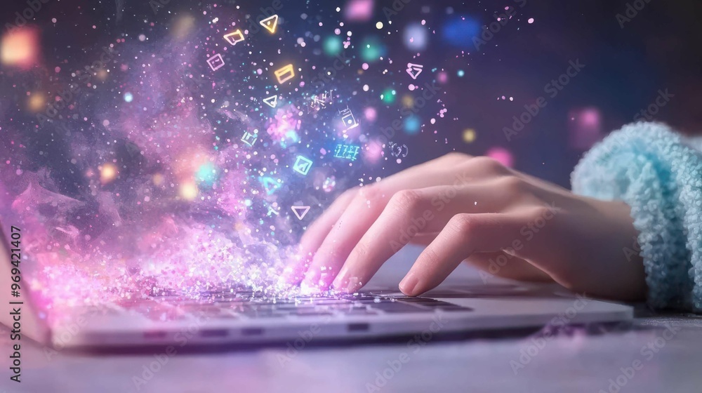 Hands typing code on a holographic keyboard, symbols floating around ...