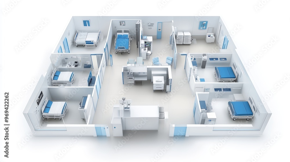 Aerial view of a modern hospital ward layout, featuring patient rooms ...