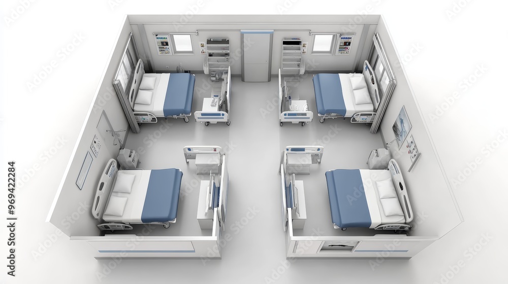 Aerial view of a modern hospital ward with multiple patient beds and ...
