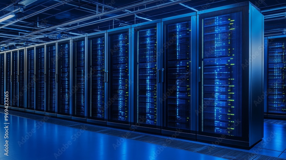 A modern data center showcasing rows of server racks illuminated in ...