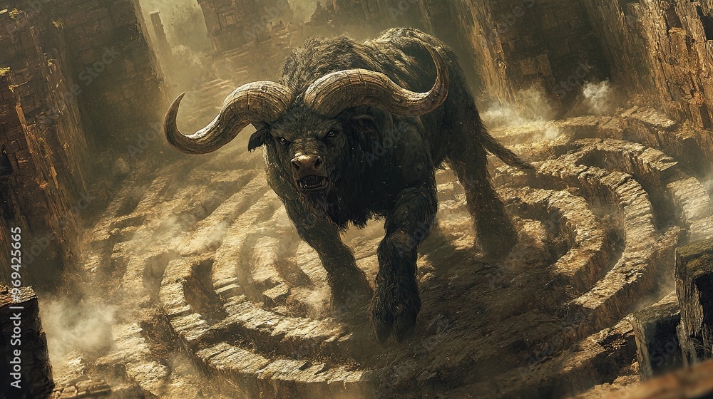 A fearsome minotaur, half-man and half-bull, lurking in a labyrinthine ...