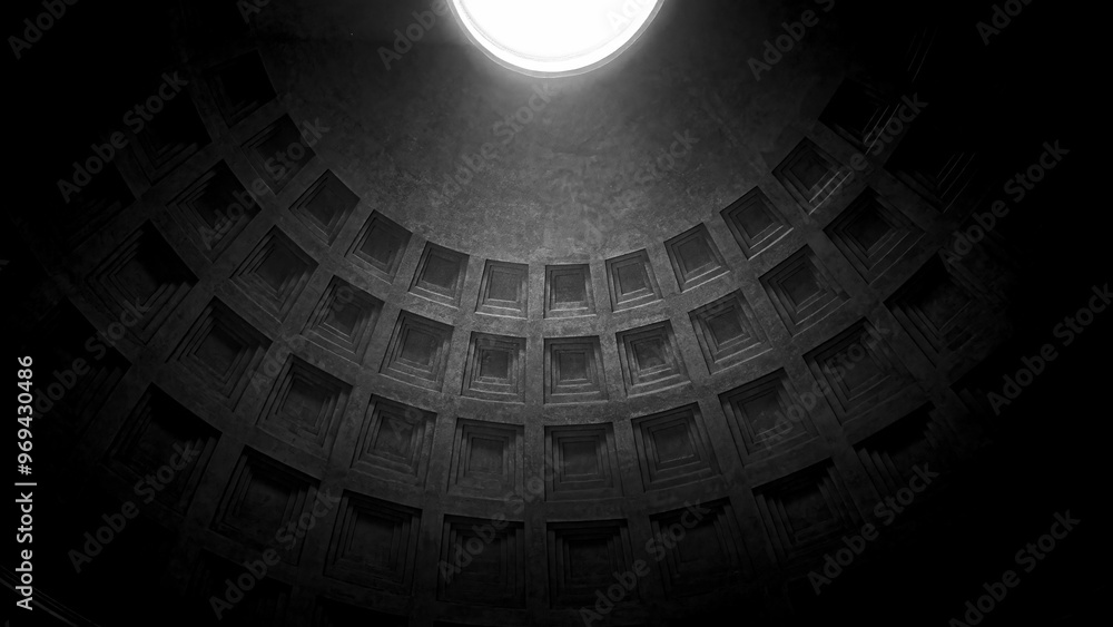 Interior view of the Pantheon dome in Rome, Italy, with coffered ...