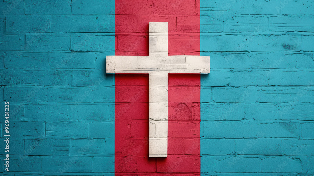 White cross on a vibrant, bold brick wall background with contrasting ...