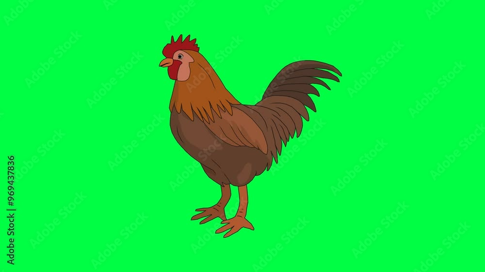 2D animated crowing rooster character in 4k in green screen chroma key ...