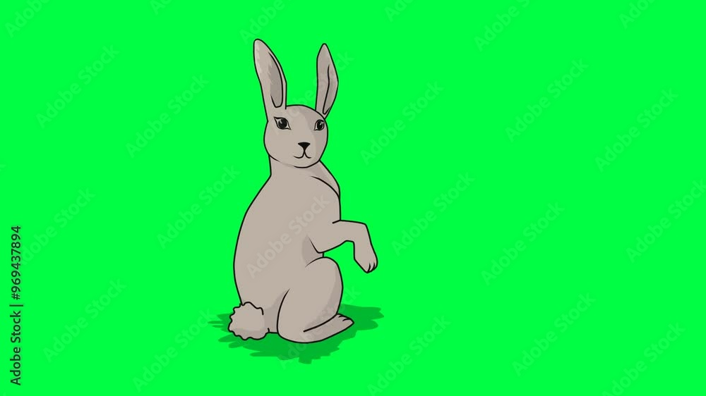 2D animated rabbit character is grazing and gets up and looks in green ...