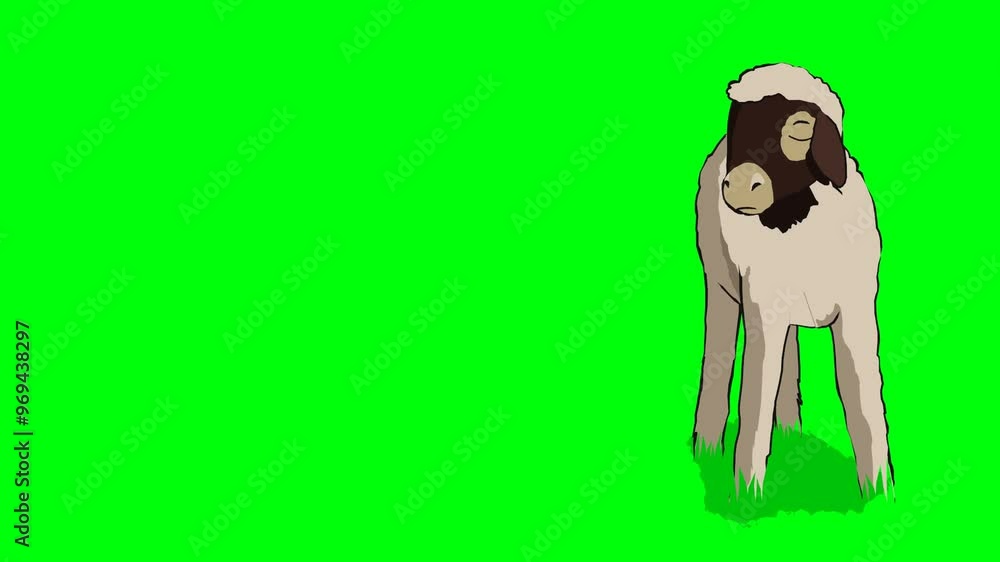 2D animated baby lamb character is walking and turning in green screen ...