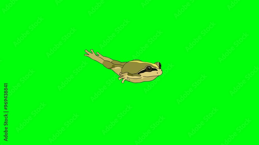 2D animated frog character cycle swimming in cartoon water in green ...