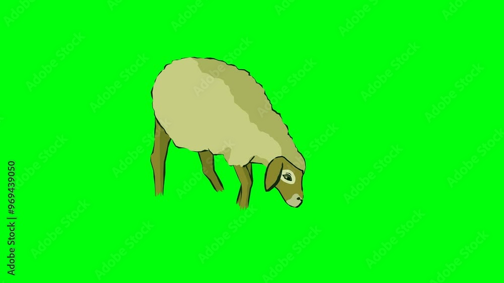 2D animated sheep character walking, grazing, eating plants in green ...