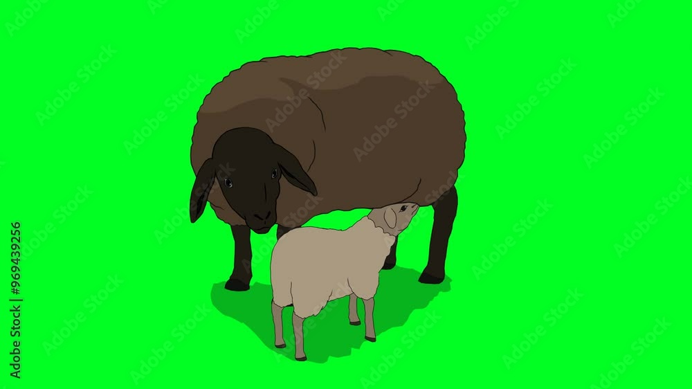 2D animated sheep character that is milking its lamb in cycle in green ...