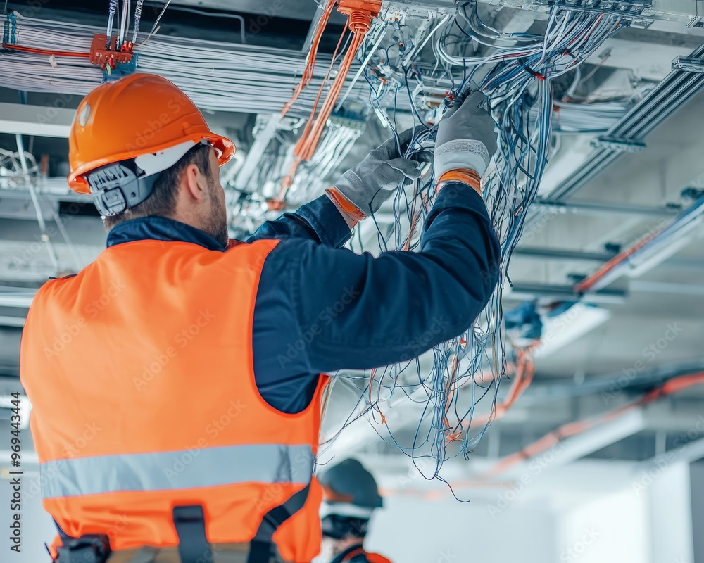Electrical engineers are diligently installing wiring in commercial ...