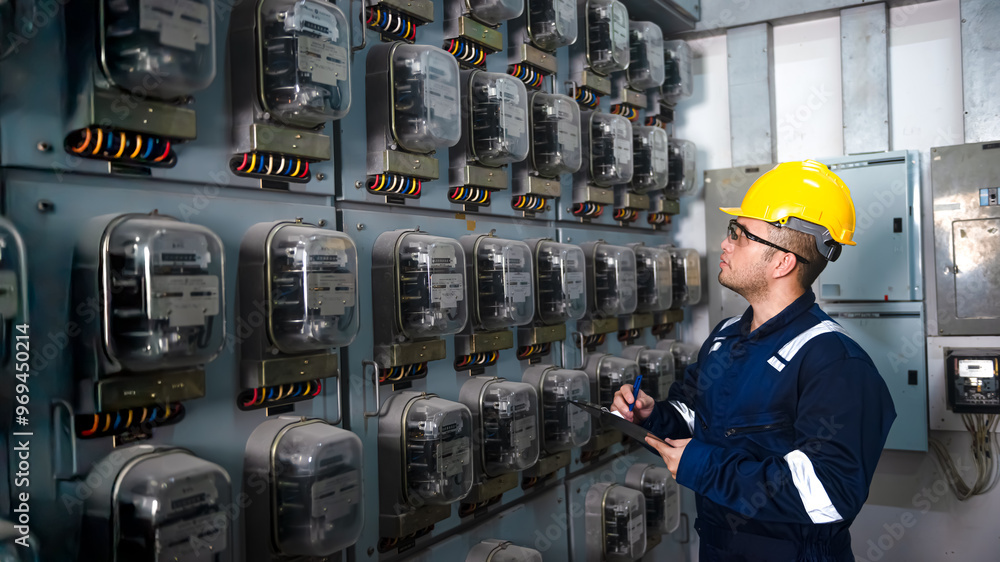Electrical maintenance engineer is checking .Electricity meter, main ...