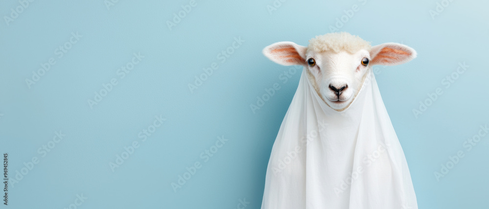 Sheep dressed as a ghost with a flowing white sheet, ghost sheep, farm ...