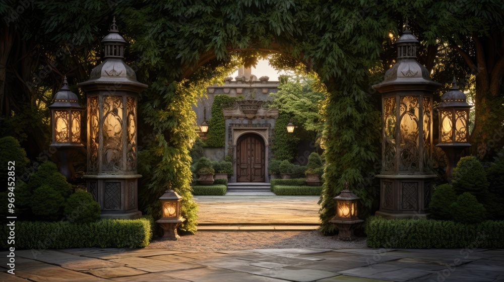 An elegant garden entrance featuring a wooden gate with intricate ...