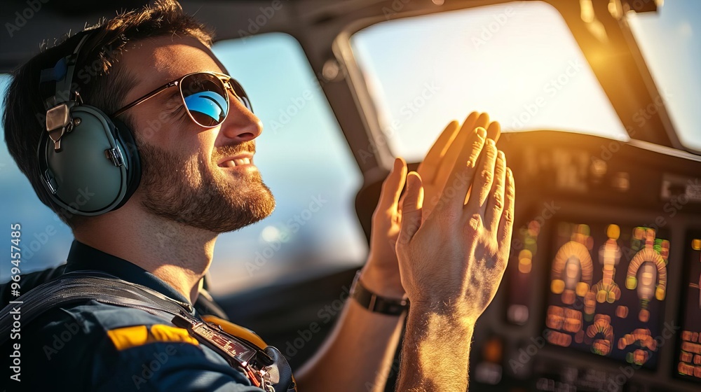 Pilot clapping after a smooth flight, aviator sunglasses, cockpit view ...