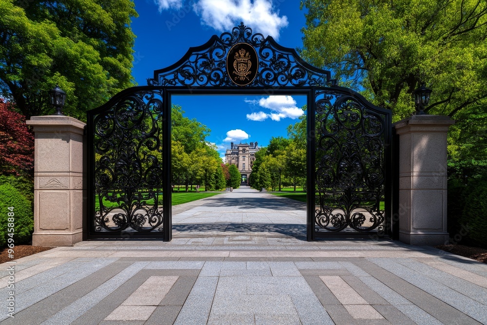 A grand wrought iron gate at the entrance of a centuries-old mansion ...