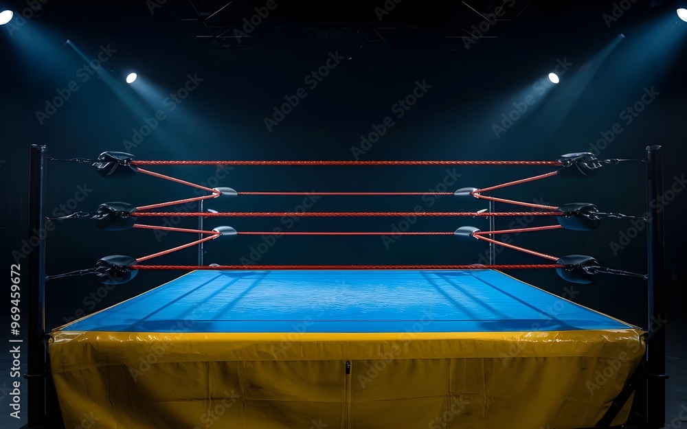 Professional Wrestling Arena with Illuminated Ring, Ropes, and ...