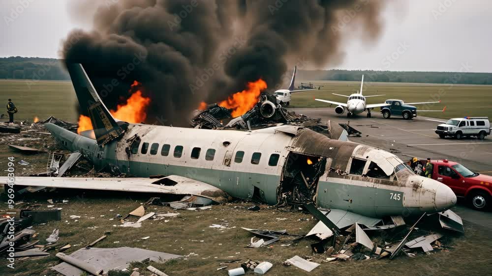 Passenger plane crashed. Wreckage of airplane lies in field. Sad scene ...