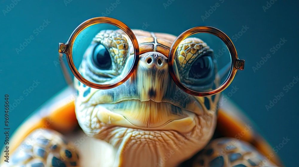 Green turtle with round glasses in a studio setting, radiating cuteness ...