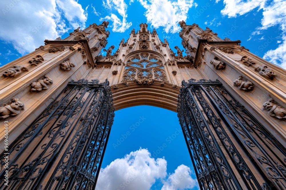 A towering iron gate with gothic designs, standing at the entrance of a ...