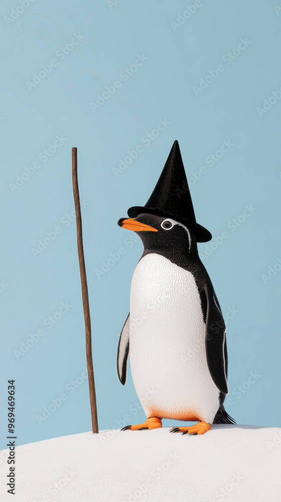 Penguin in a wizard costume standing on a snowcovered hill with a ...