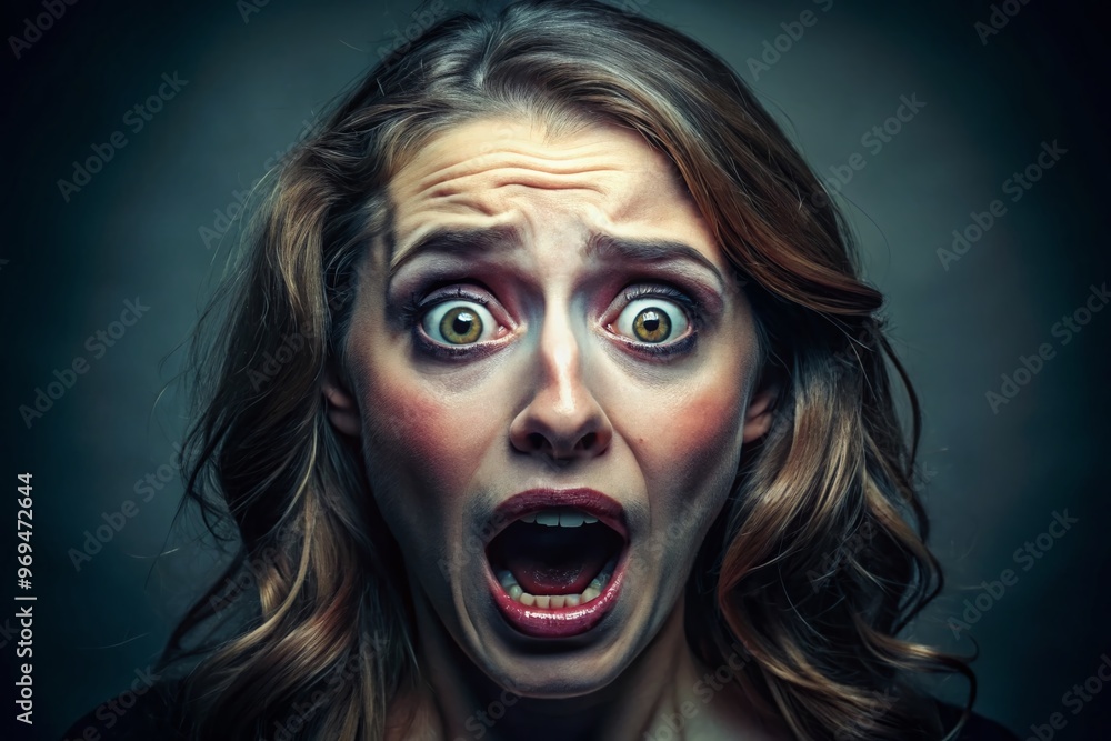 Frightened woman's contorted face, eyes bulging, mouth agape, and skin ...