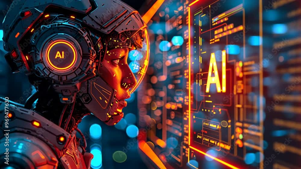 AI Cyborg: Futuristic AI Cyborg with glowing orange eyes looking at a ...