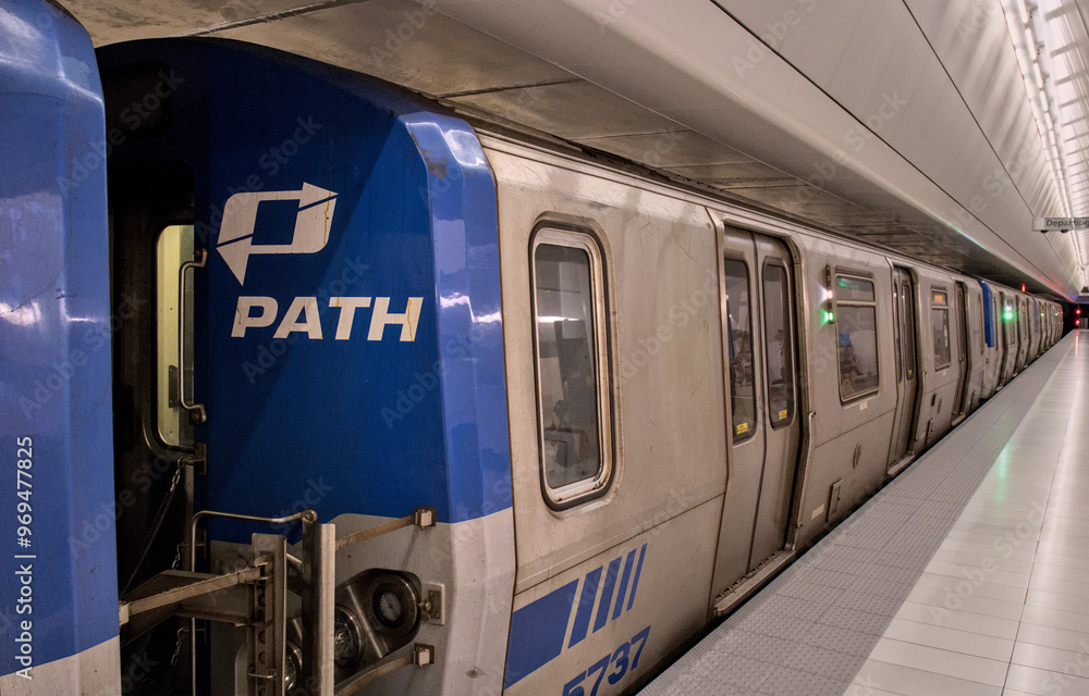 PATH train logo on the side of a subway car on the track at World Trade ...