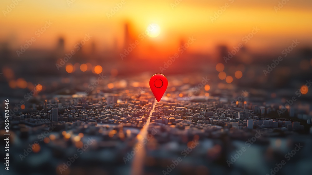 Urban Navigation at Golden Hour - 3D Map of City with Red Pin Point at ...