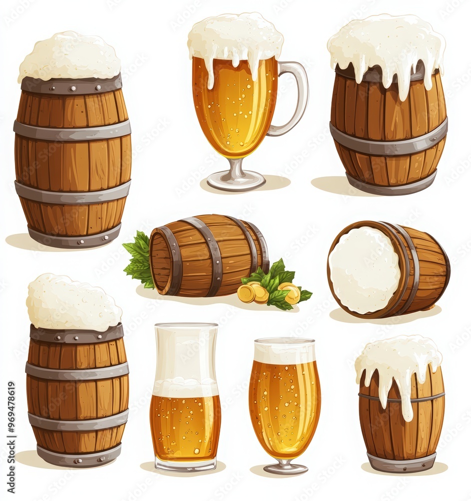 Set of beer icons with a wooden barrel and mugs of different sizes ...