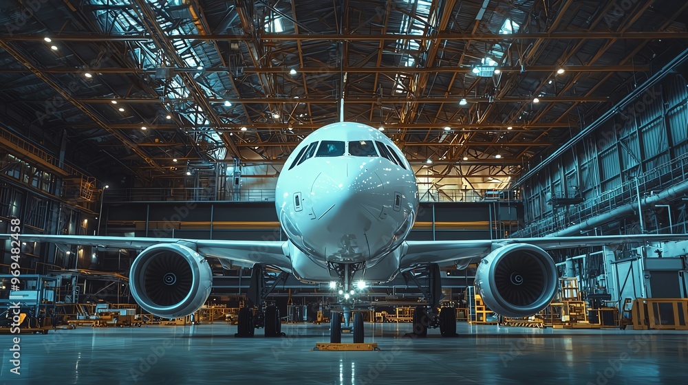 Front view of a commercial airplane in a hangar, showcasing its sleek ...