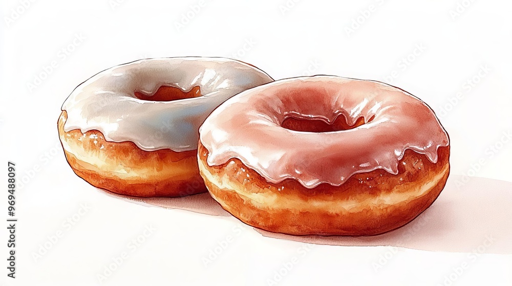 Double doughnut illustration, watercolor effect, one frosted, one plain ...