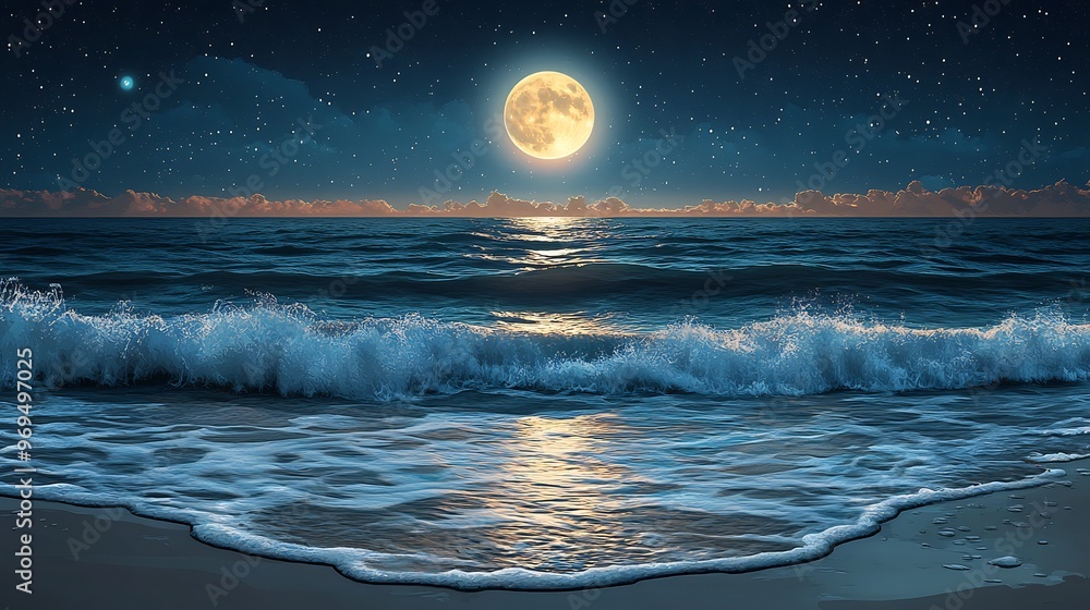Vector design of a serene moonlit ocean scene with gentle waves lapping ...