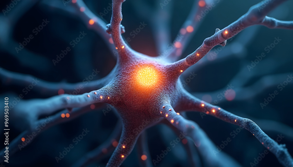A detailed digital illustration of a neuron, showcasing its glowing ...
